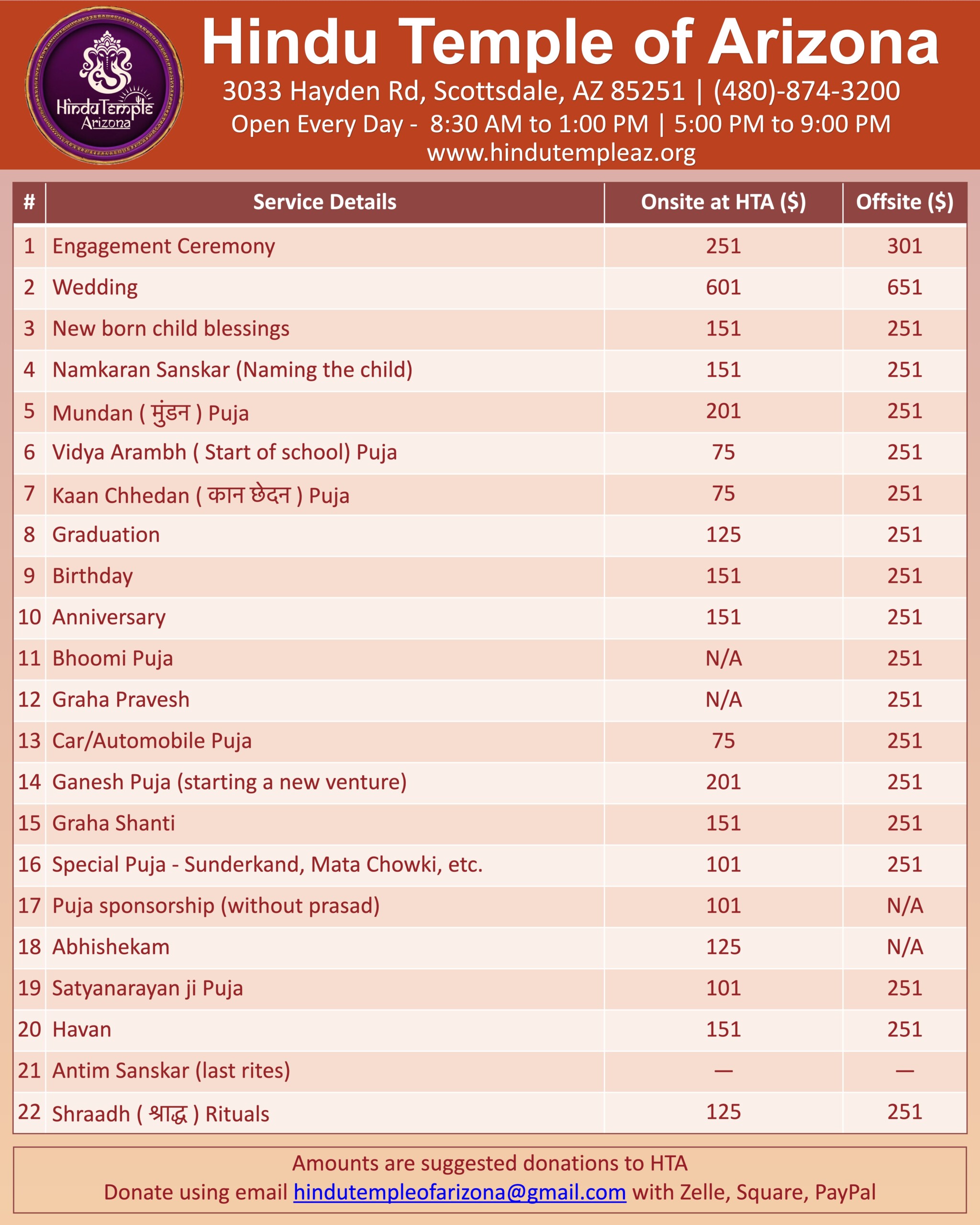 Services List – Hindu Temple of Arizona